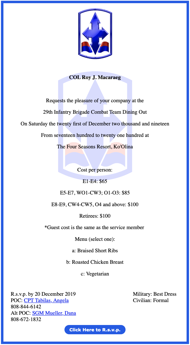 29th Infantry Brigade Combat Team Dining Out Rescheduled | Retiree News